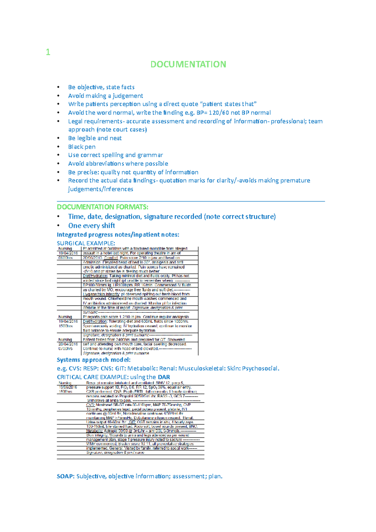Health Assessment IN Nursing Lecture notes - 1 DOCUMENTATION • Be ...