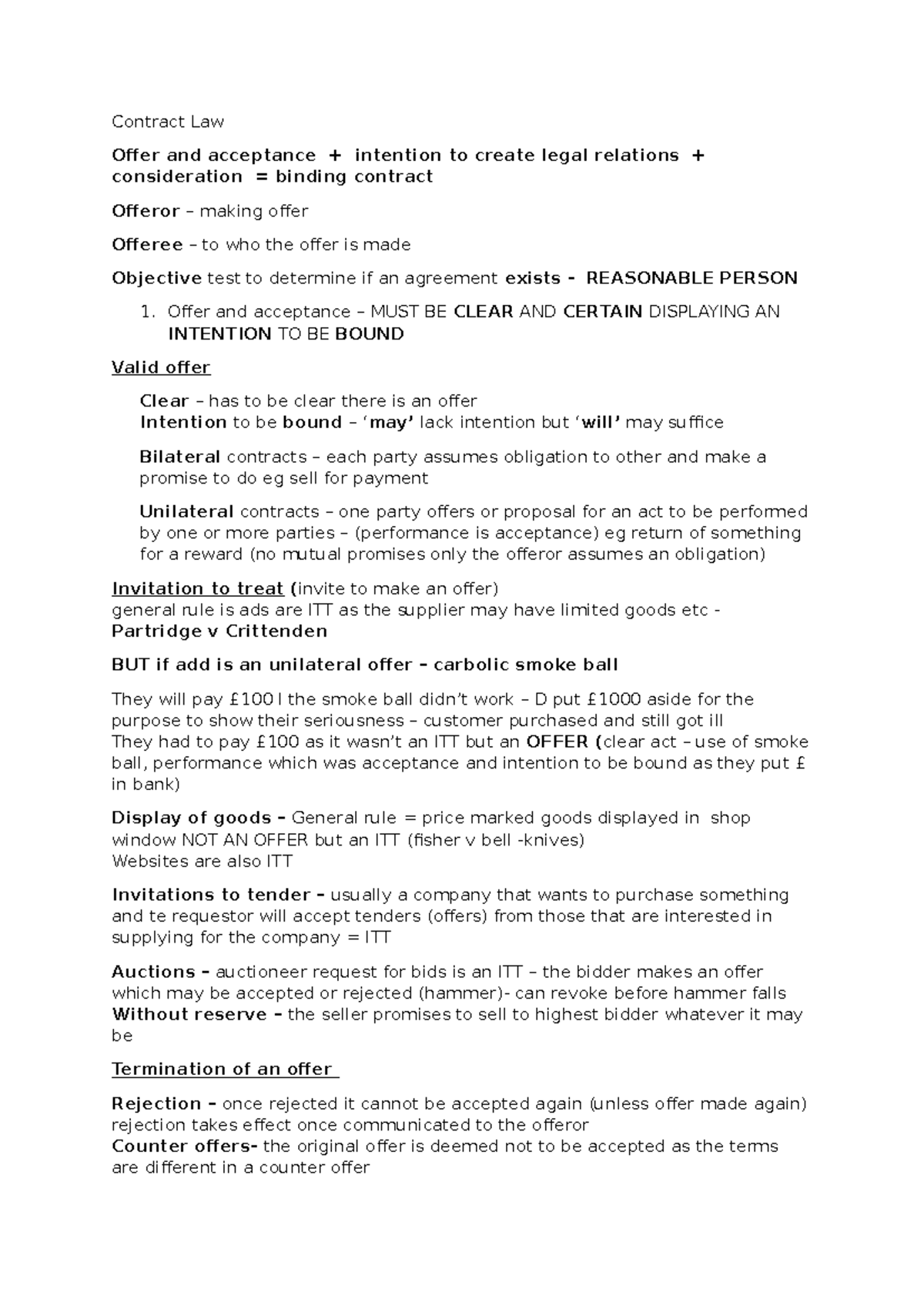 Contract Law - SQE1: Offer, Acceptance, and Legal Relations Overview ...