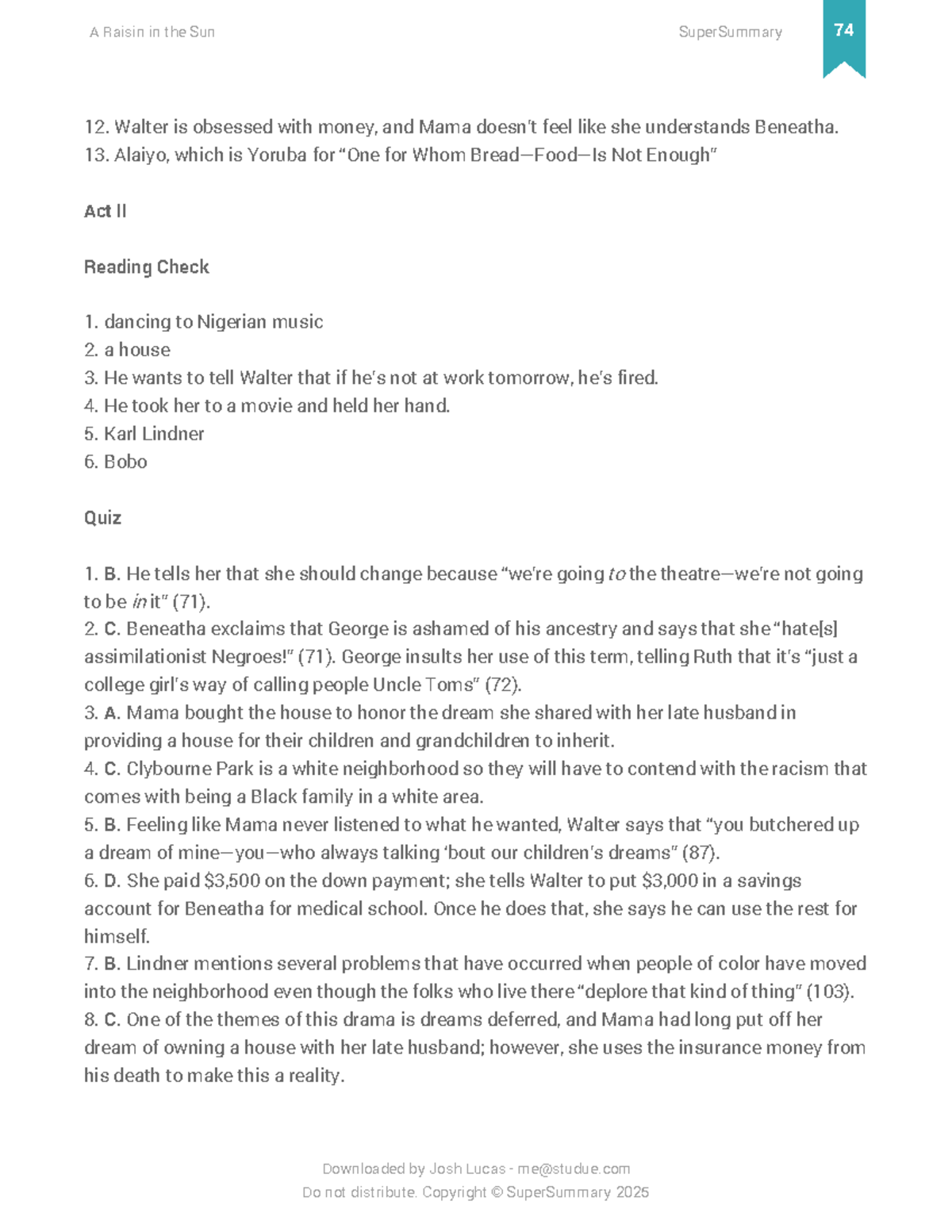 A Raisin in the Sun - Super Summary Study Guide 75 - 12. Walter is ...