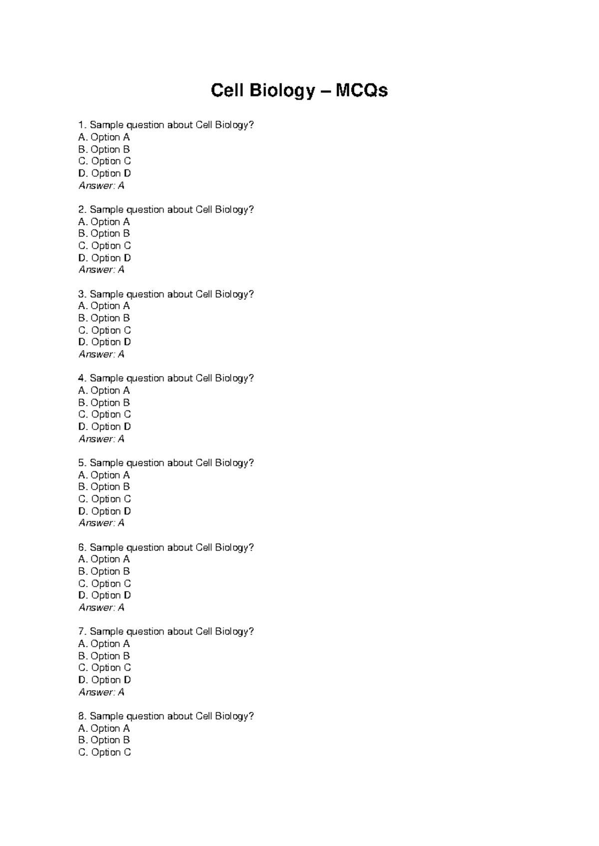 Cell Biology MCQs 1: Sample Questions and Answers - Studocu