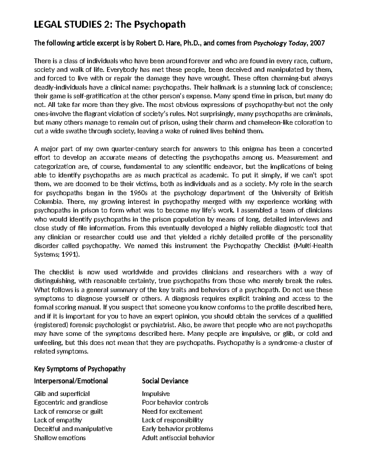 1 - Legal 2 - criminal - psychopaths by hare - LEGAL STUDIES 2: The ...