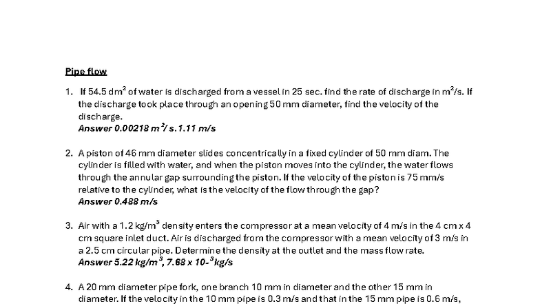 Pipe Flow Problem - Practice Questions for Fluid Mechanics (ENG 101 ...