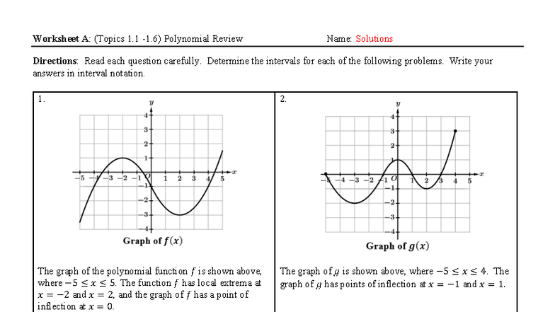 Worksheet A Key Review 1.1 - Polynomial Functions Solutions - Studocu