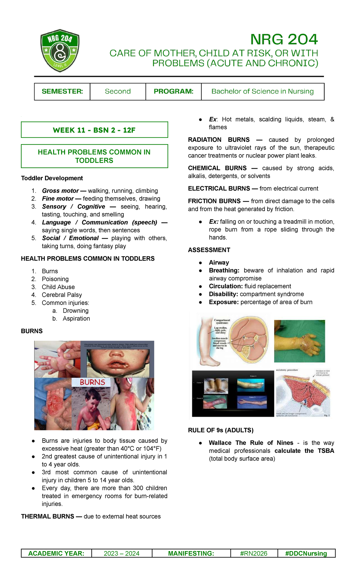 WEEK 11 BSN 2 12F - Common Health Problems in Toddlers: Burns ...