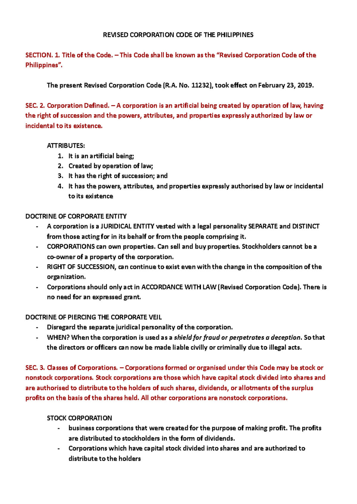 Revised Corporation Code Overview & Key Definitions (LAW 101) - Studocu