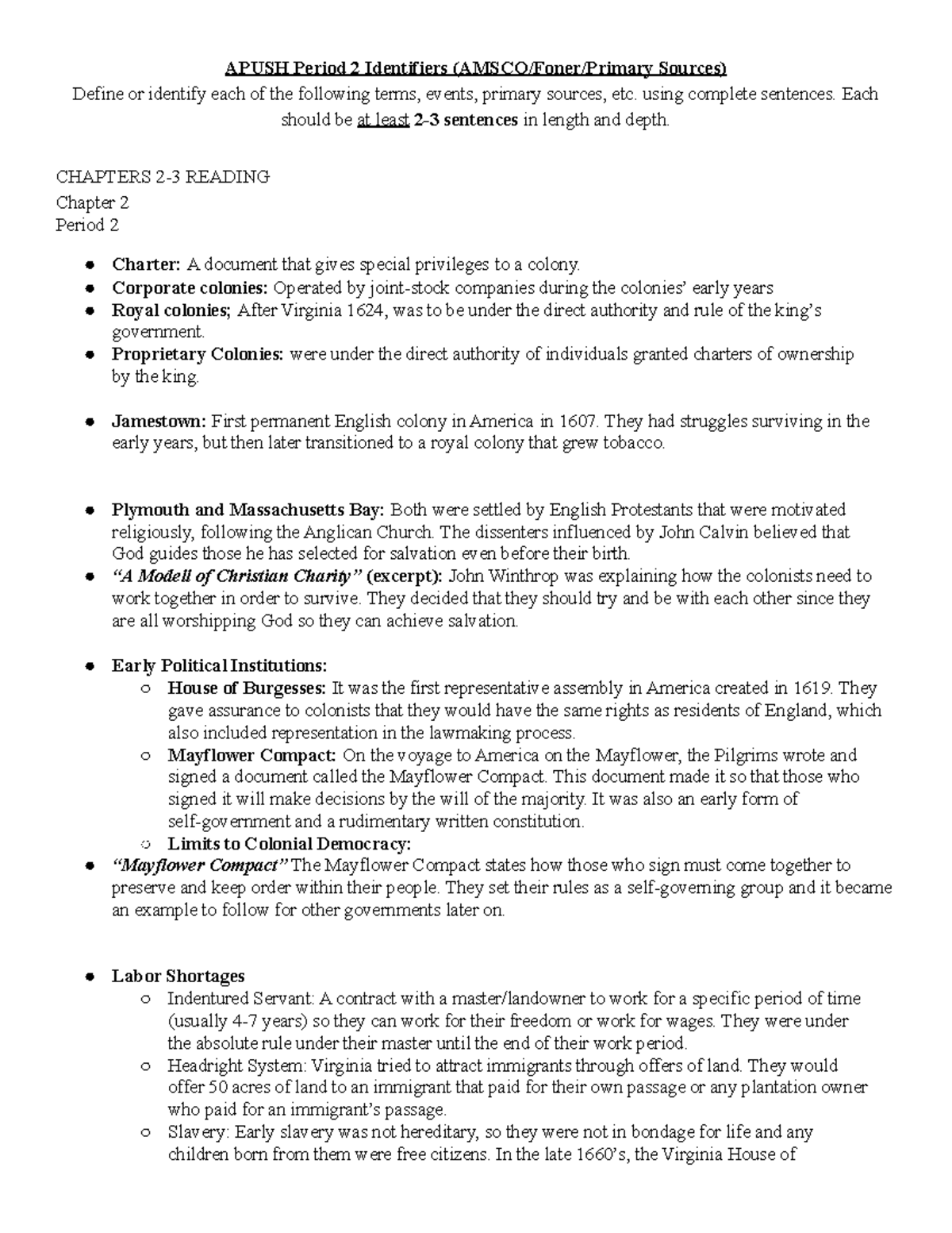 APUSH Period 2: Chapters 2-3 Key Vocabulary and Concepts - Studocu