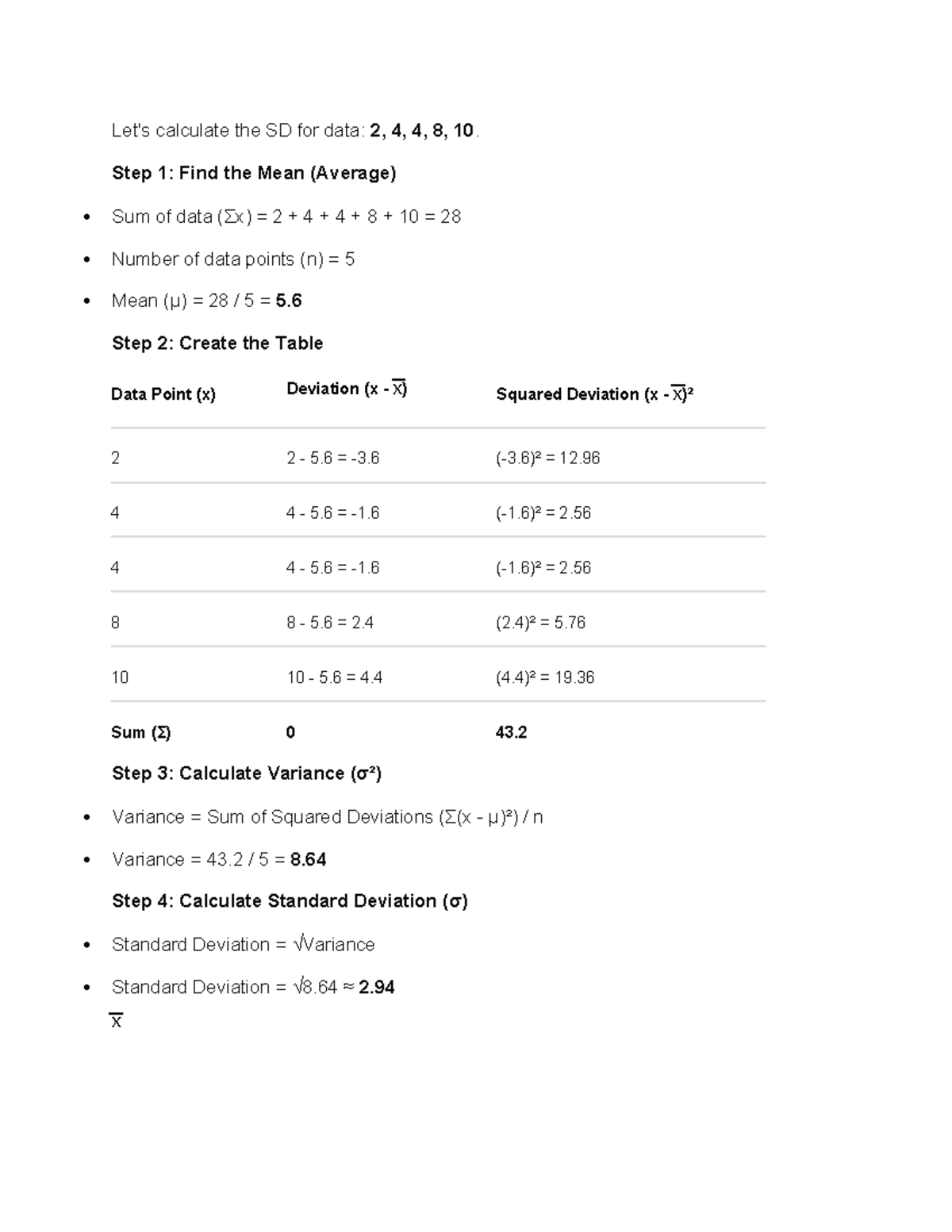 SD Calculation for Data Set: 2, 4, 4, 8, 10 - Studocu