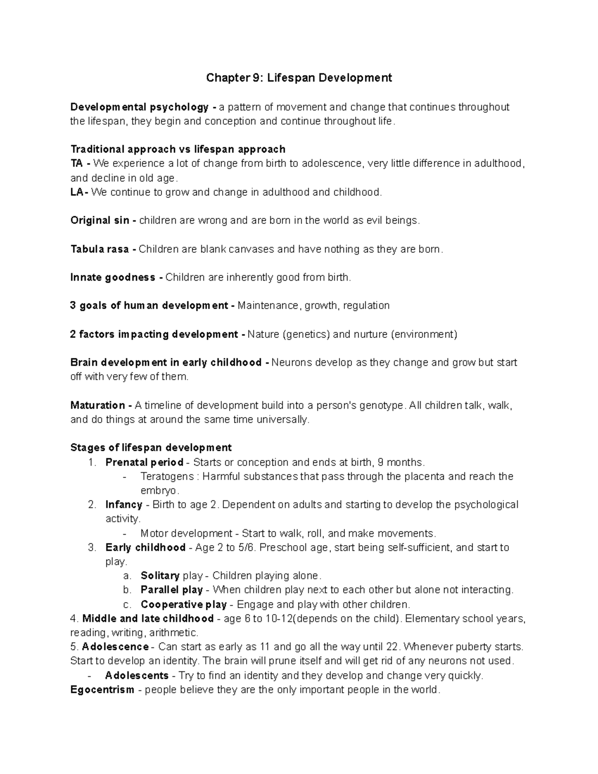 Chapter 9 Lifespan Development - Chapter 9: Lifespan Development ...