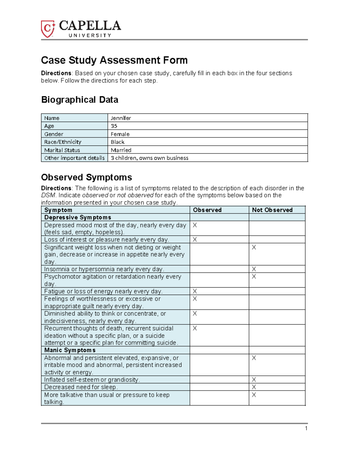 Case Study Assessment Form: Jennifer's MDD Evaluation - Studocu