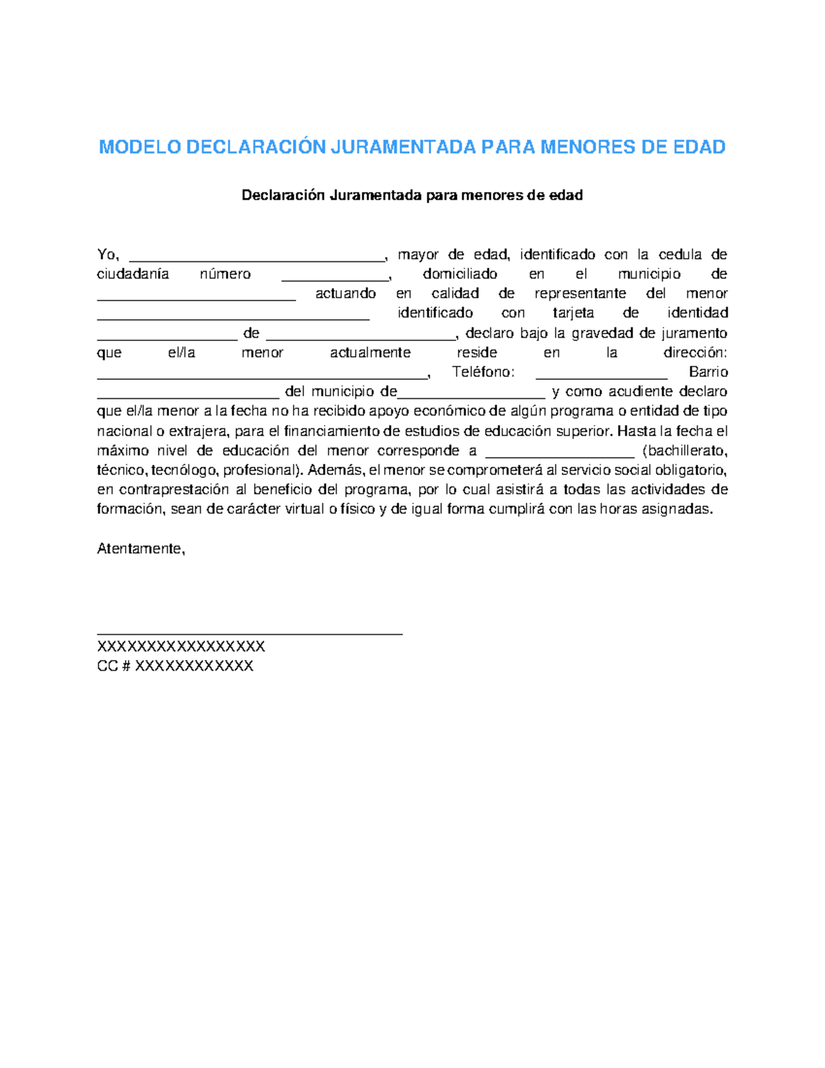Modelo de Declaración Juramentada para Menores de Edad - Studocu