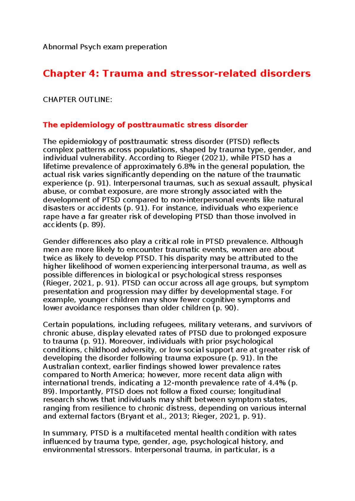 Abnormal Psych Exam Prep: Chapter 4 - Trauma & PTSD Insights - Studocu