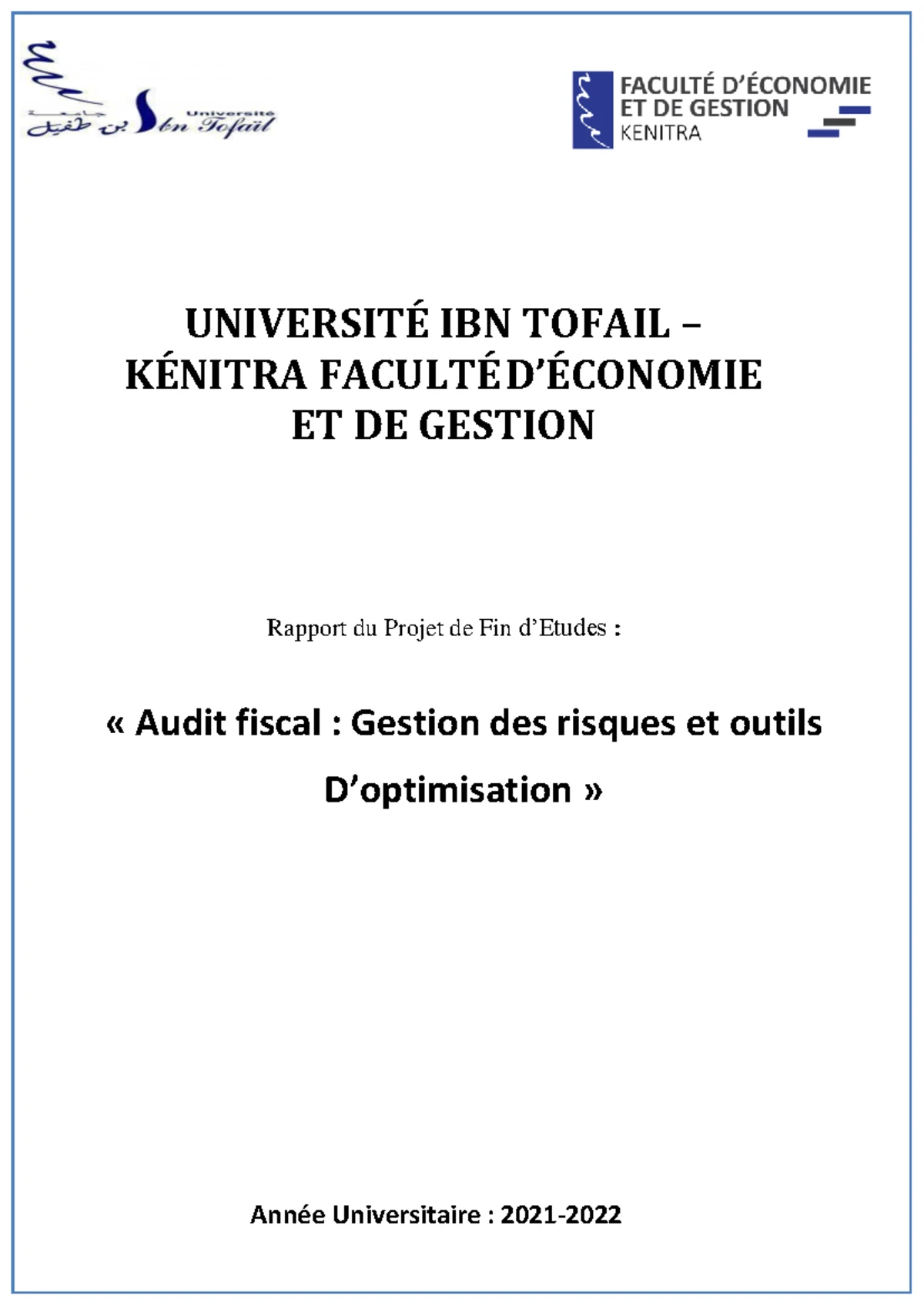 PFE Audit Interne - UNIVERSITE D'ORAN ES-SENIA Faculté des sciences économiques, sciences de ...