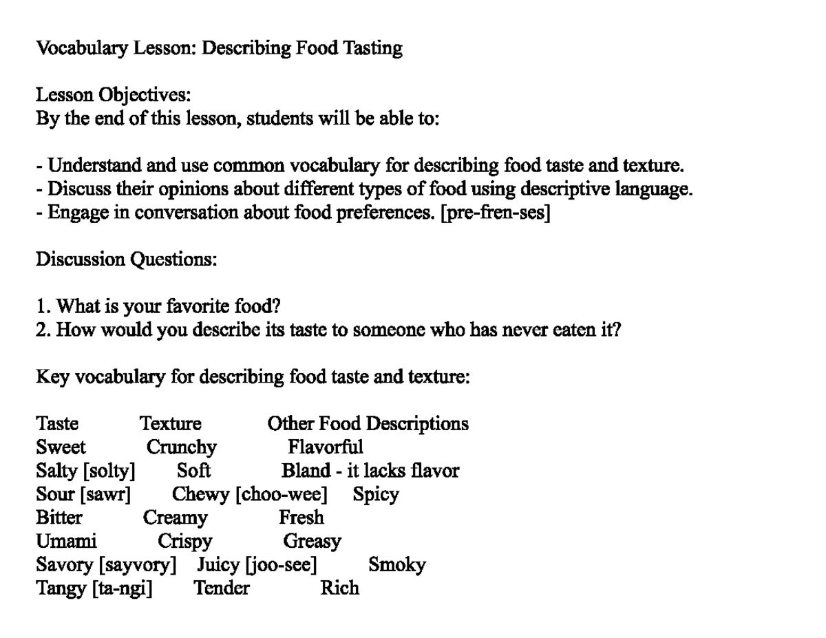 Vocabulary Lesson: Describing Food Tasting - Notes Tast Food - Studocu