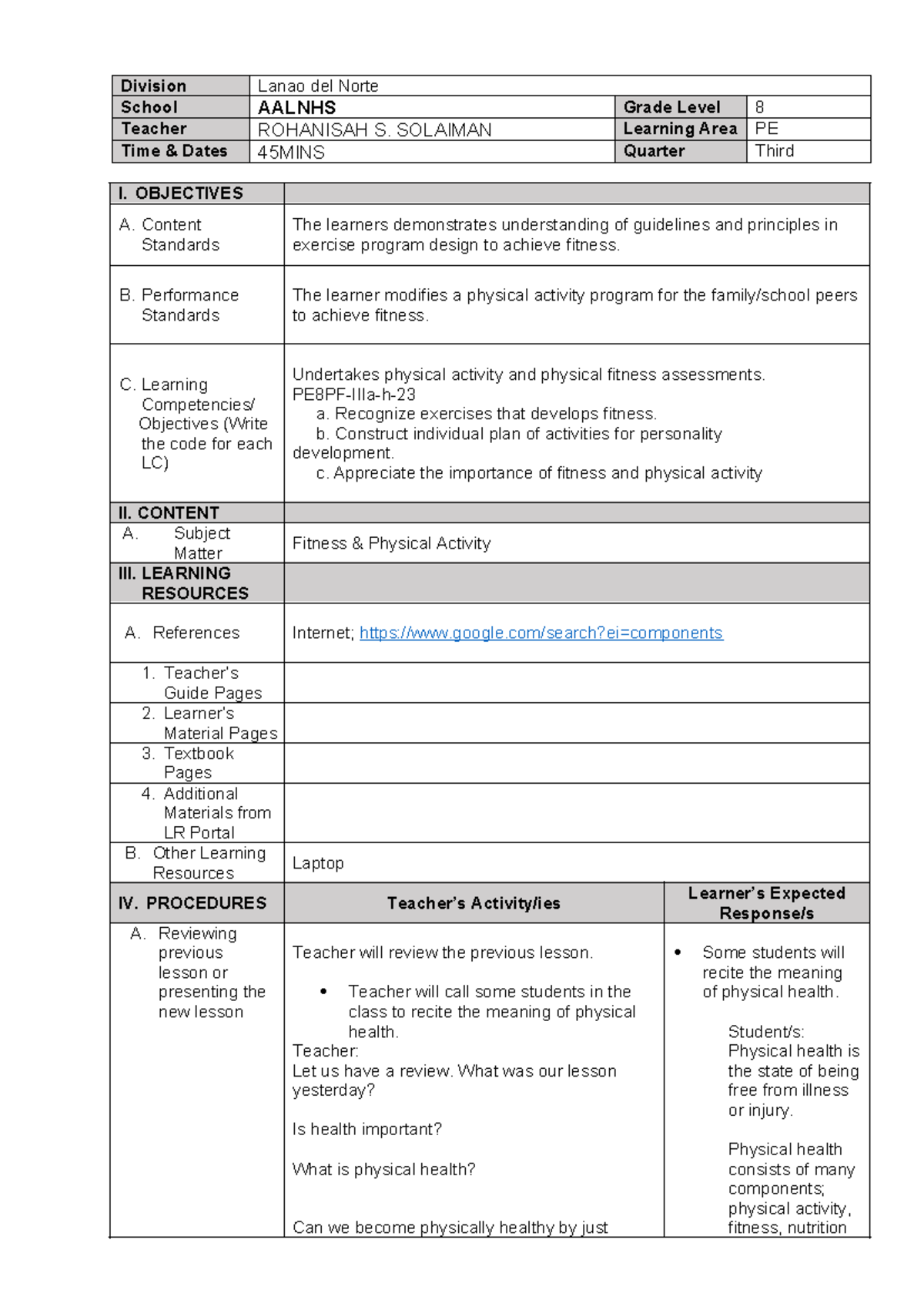 P.E 1 Q3 - Grade 8 Fitness Lesson Plan and Objectives - Studocu