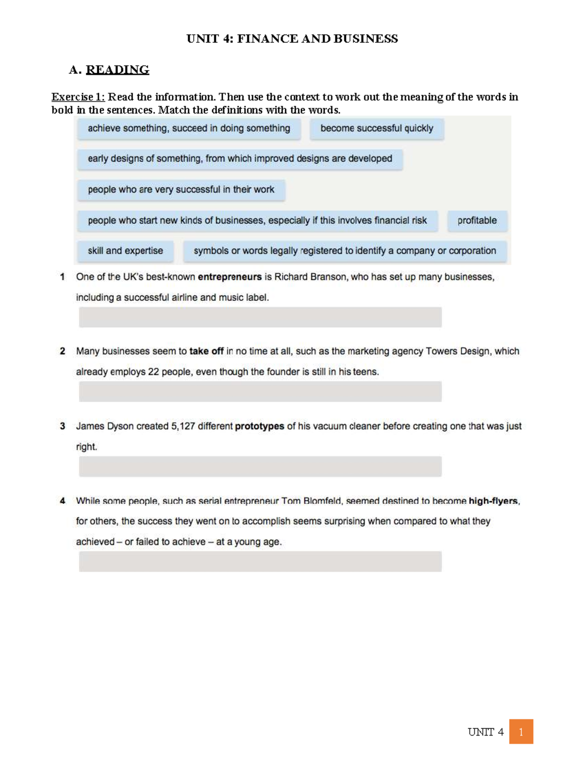 UNIT 4: FINANCE AND BUSINESS - EXTRA EXERCISES AND ACTIVITIES - Studocu