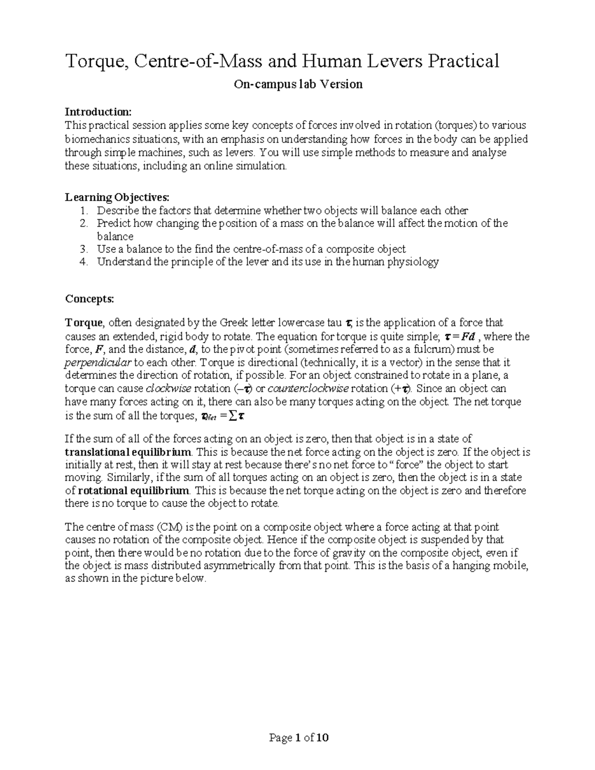 1031 2022 Practical on Torque, Centre of Mass, and Human Levers - Studocu