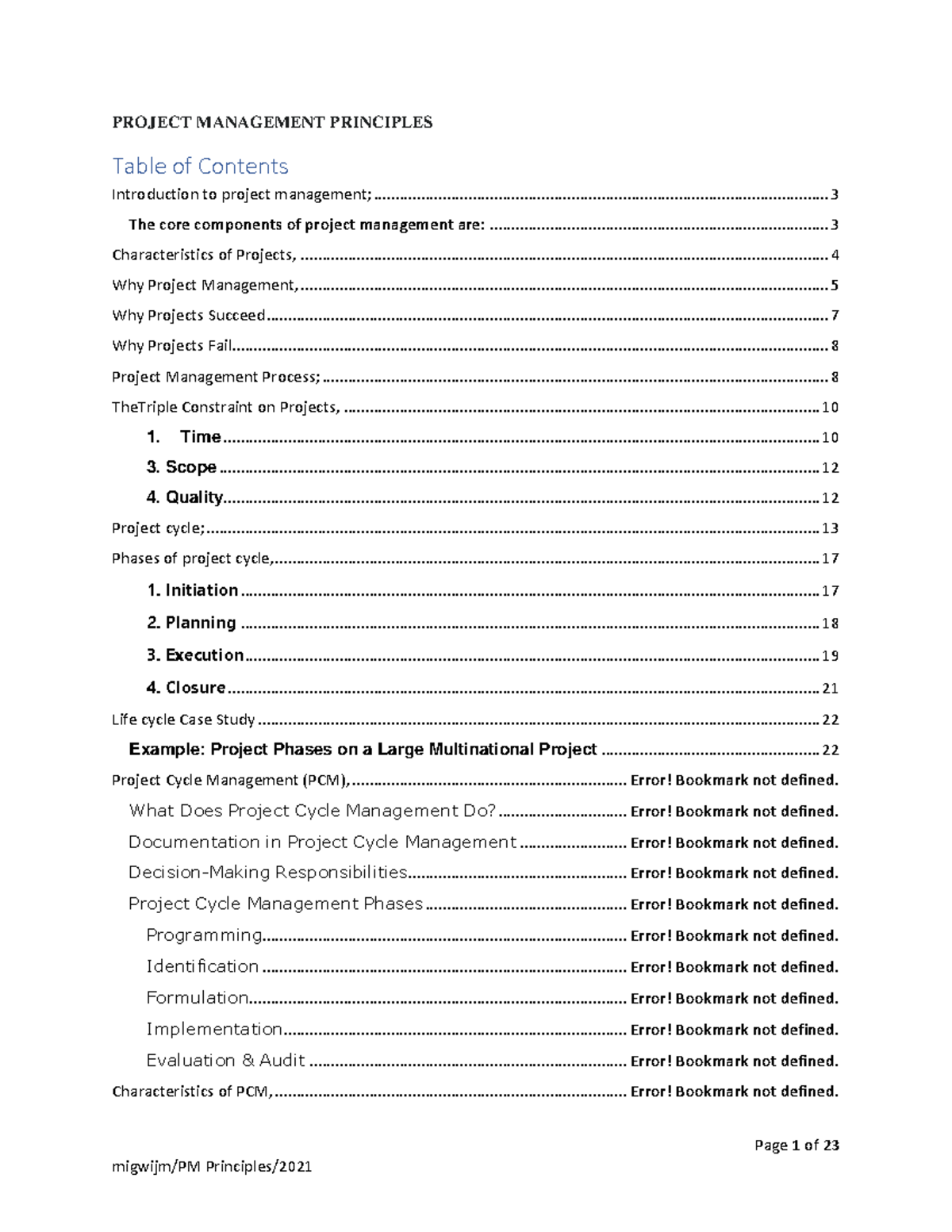 PM Principles Notes - Page 1 of 23 PROJECT MANAGEMENT PRINCIPLES Table ...