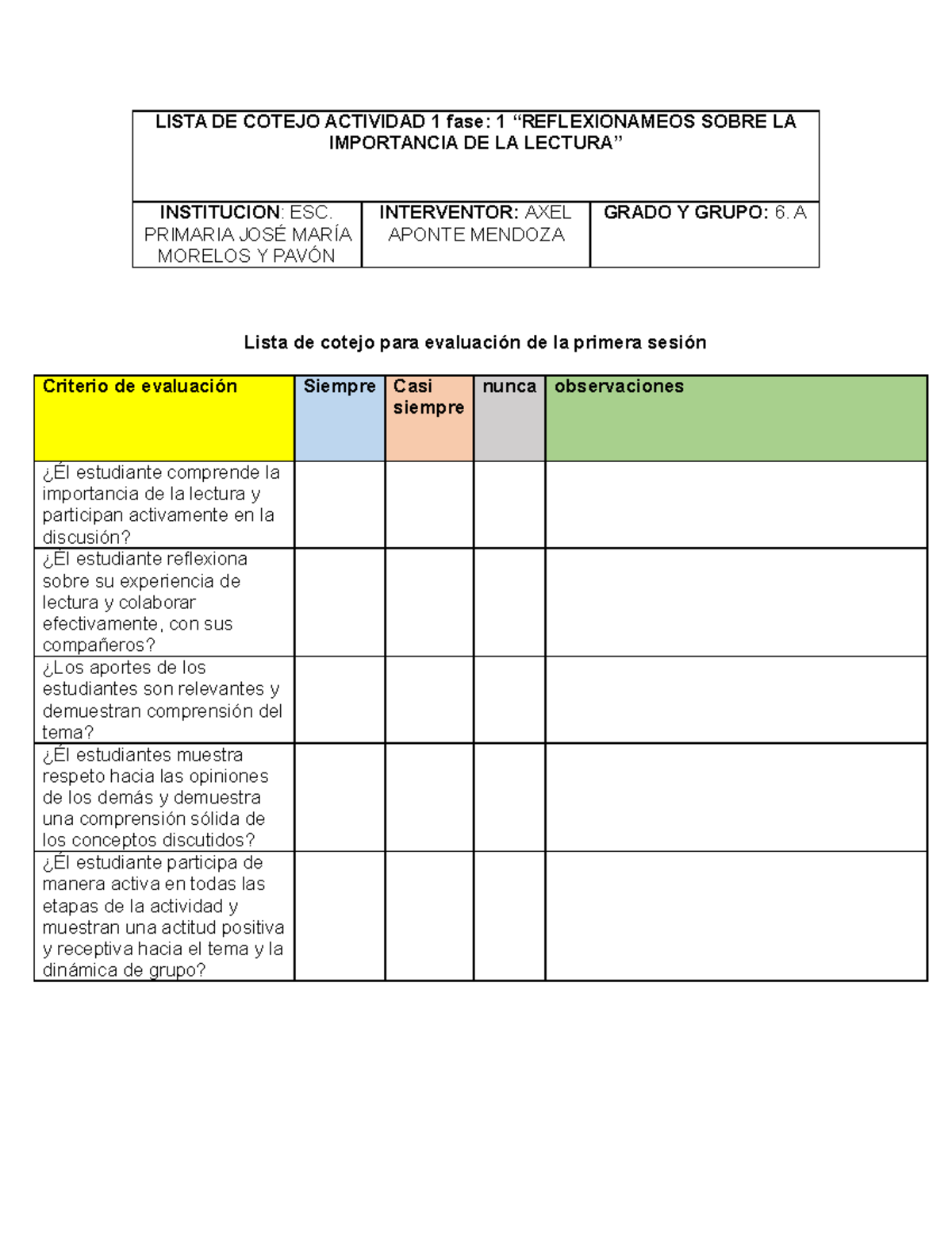 Lista de Cotejo 1 - Evaluación de la Lectura en 6to Grado - Actividad 1 ...