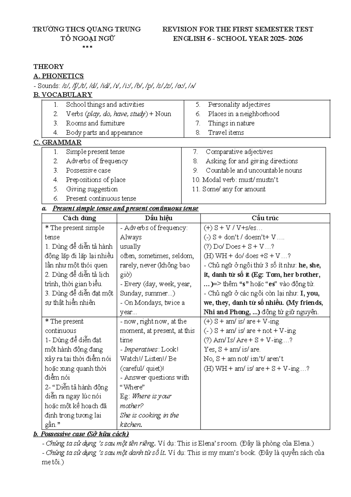 REVISION FOR FIRST SEMESTER TEST ENGLISH 6 - 2025-2026 - Studocu