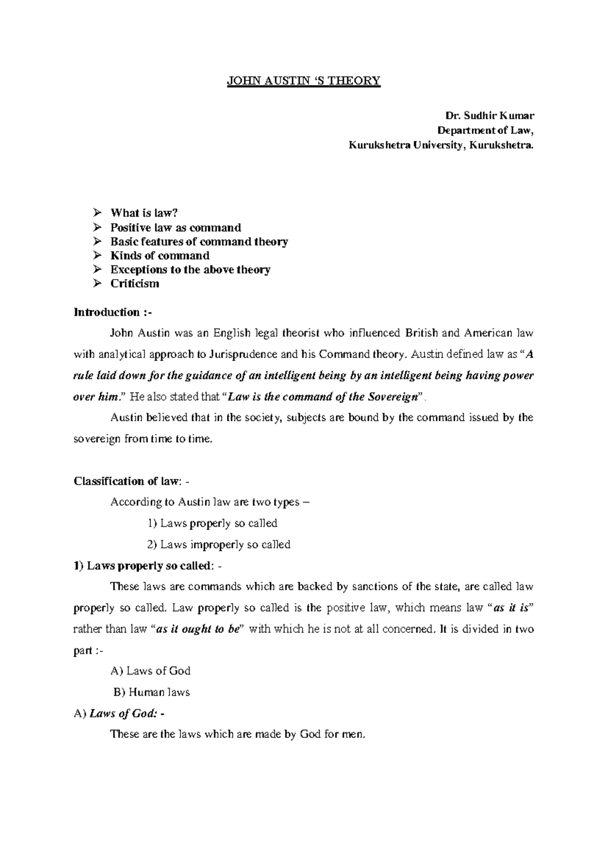 Austin's Command Theory of Law - Lecture Notes (Law 101) - Studocu