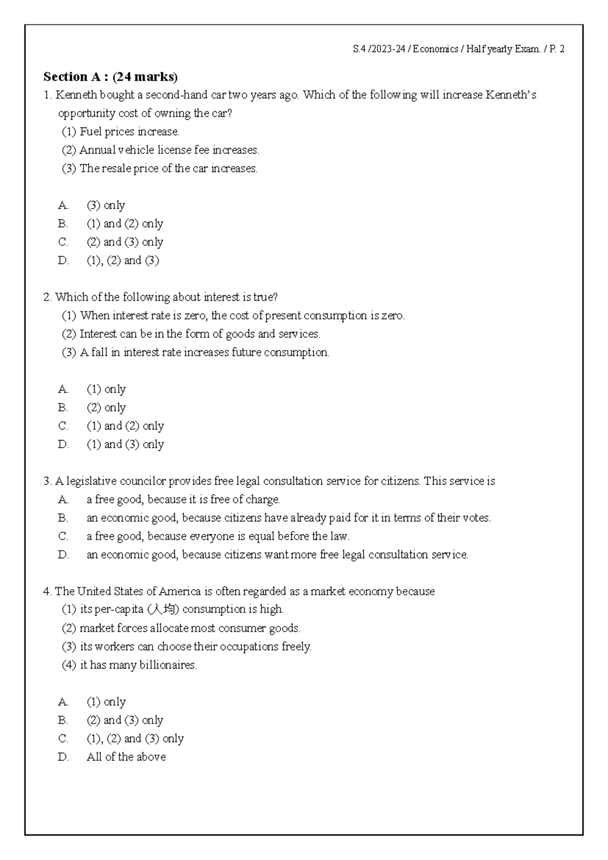 S.4 Economics Half-Yearly Exam 2023-24: Questions & Answers - Studocu