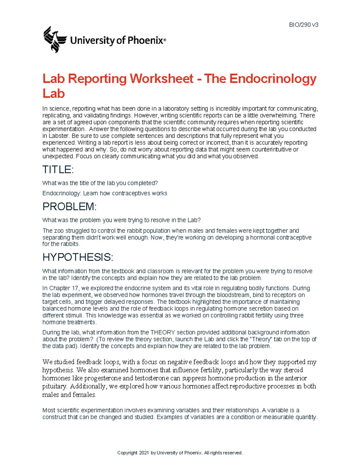 Week 7 Lab Report - BIO/290 v Lab Reporting Worksheet - The ...