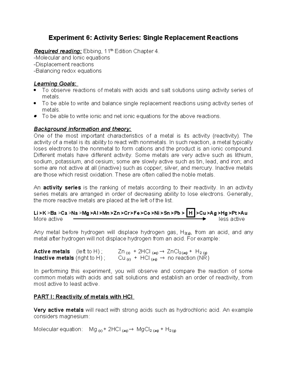 Experiment 6- Activity Series -Molecular and Ionic equations ...