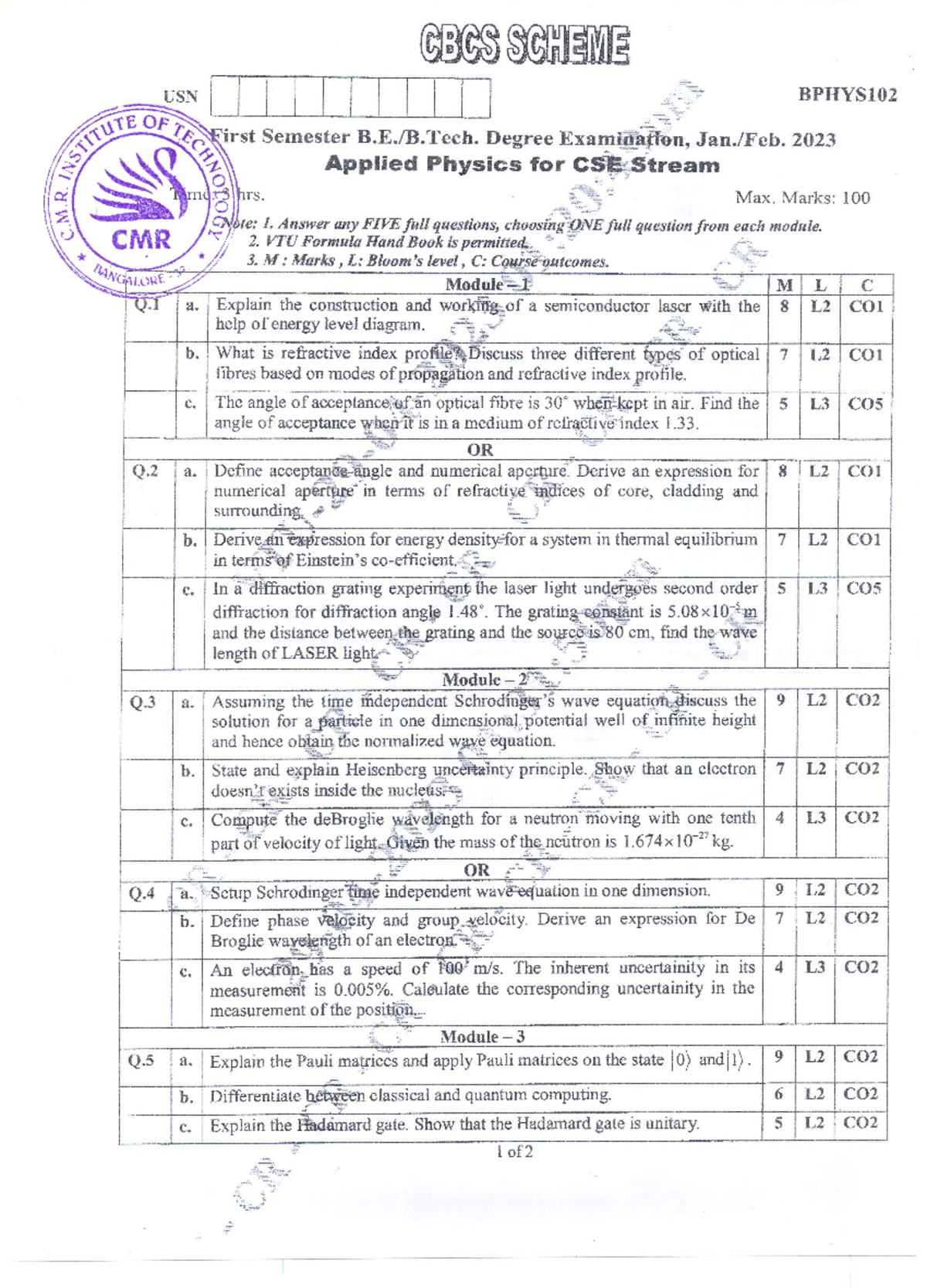 VTU BPHYS102 Final Exam QP Jan-Feb 2023 for CSE Stream - Studocu