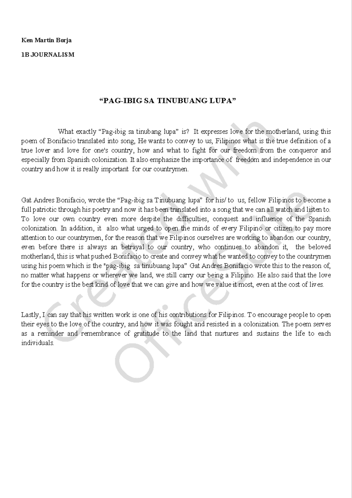 JOURNALISM 1B: Analysis of "Pag-ibig sa Tinubuang Lupa" - Studocu