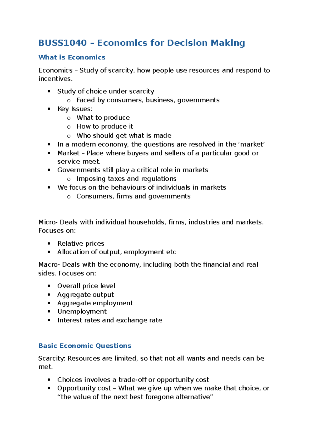 BUSS1040 - Economics for Decision Making: Key Concepts and Insights ...