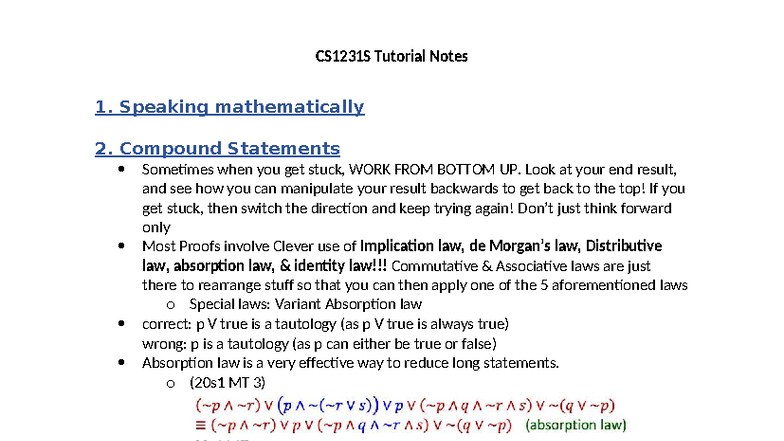 CS1231S Tutorial Notes: Mathematical Proof Techniques and Logic - Studocu