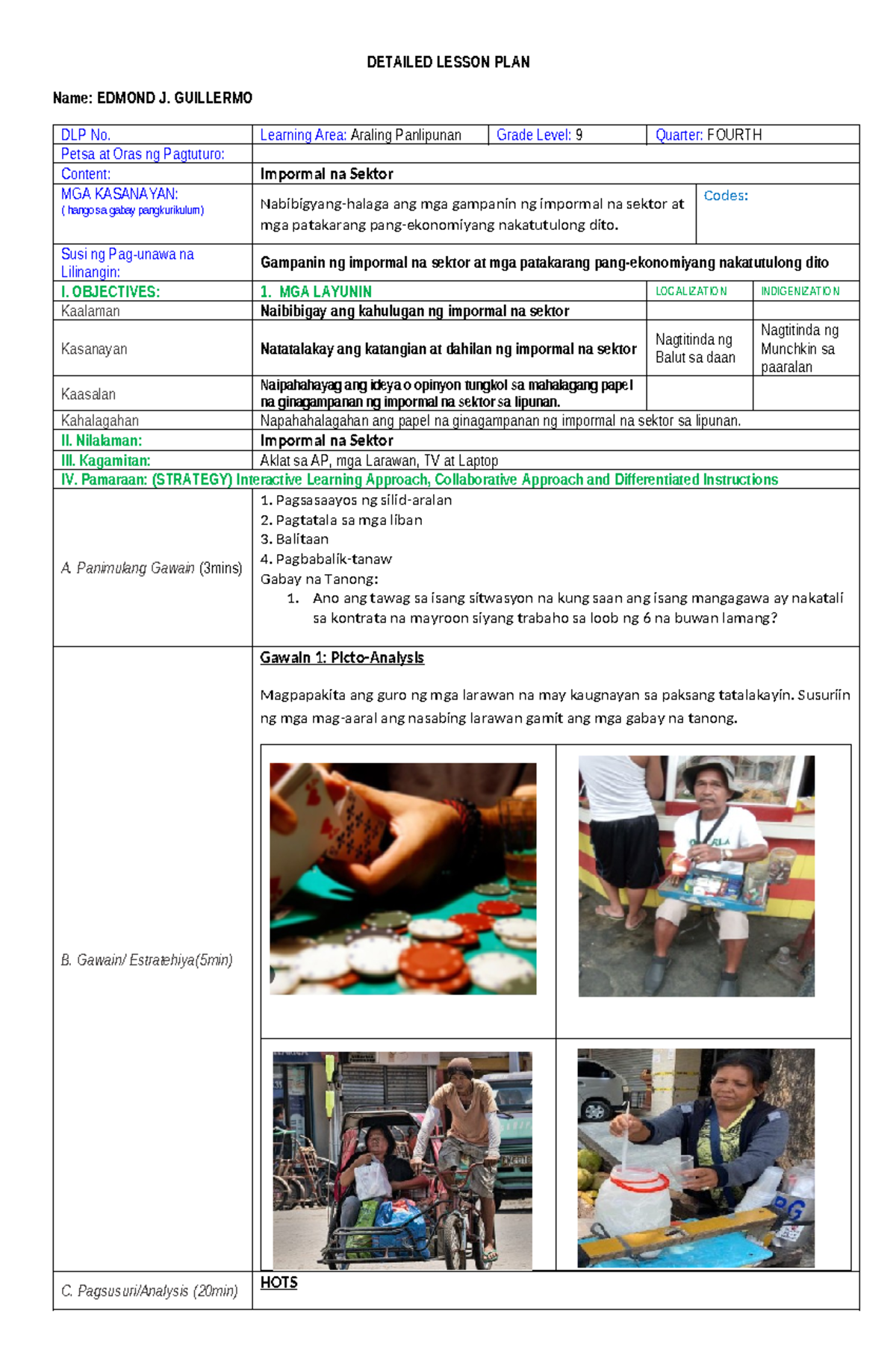DLP AP9 Impormal na Sektor: Detailed Lesson Plan for Grade 9 - Studocu