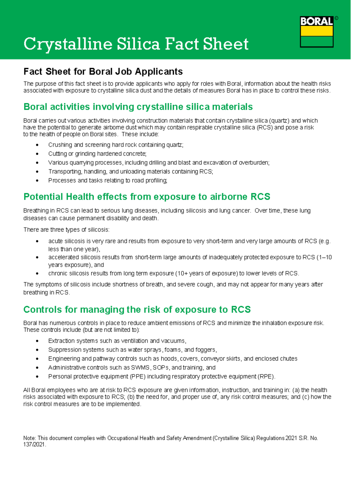Boral Job Applicants: Crystalline Silica Health Risks Fact Sheet - Studocu