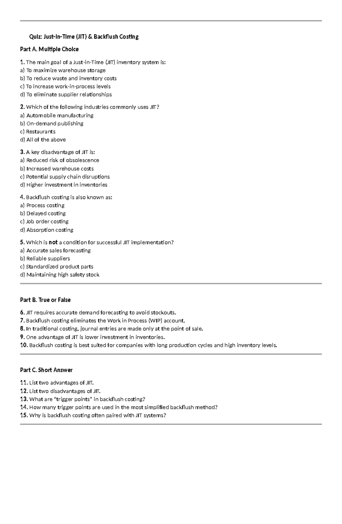 Quiz: (JIT) Backflush Costing Overview and Key Concepts - Studocu