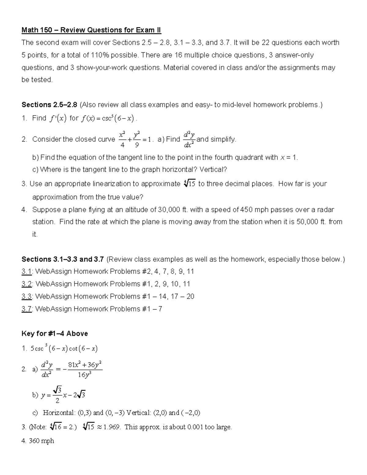 Math 150 Review Questions & Key for Exam II - Studocu
