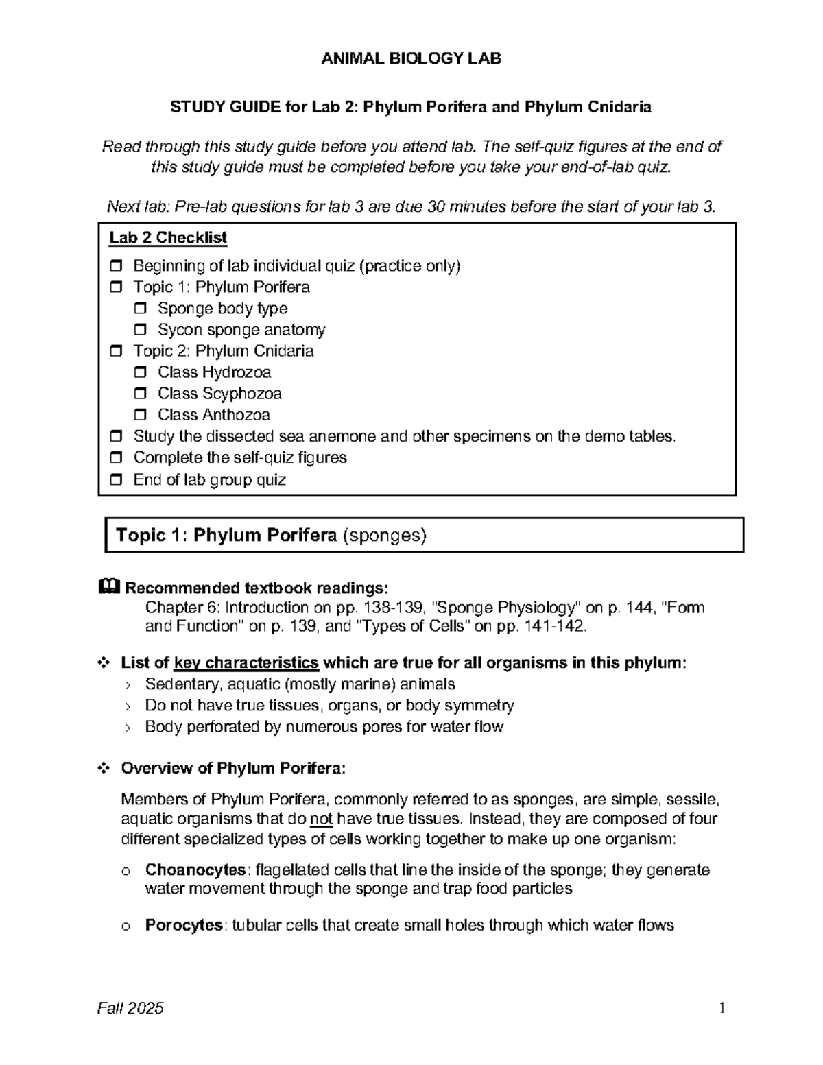 Lab 2 Study Guide: Phylum Porifera & Cnidaria Concepts (Fall 2025 ...