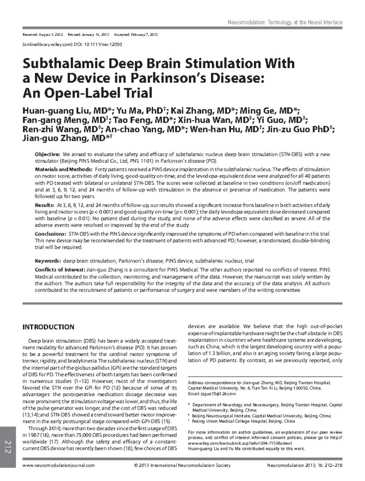 Subthalamic Deep Brain Stimulation with PINS Device: A Clinical Trial ...