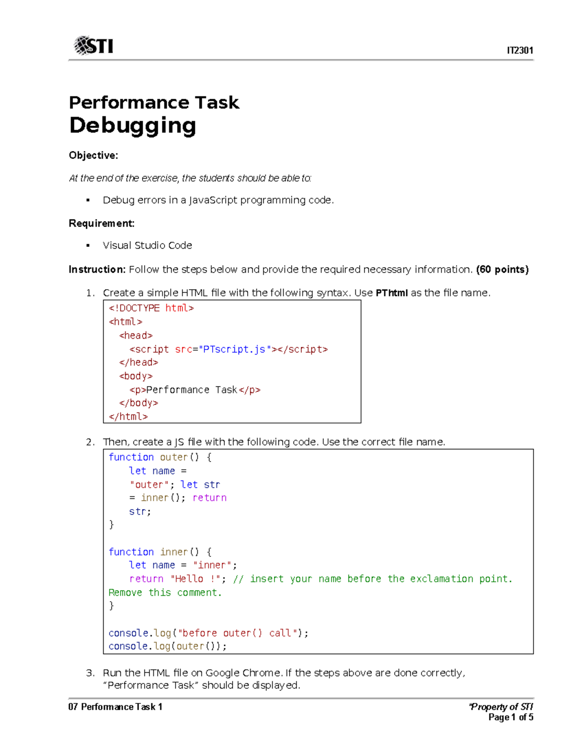 IT2301 Performance Task: Debugging JavaScript Code in VS Code - Studocu