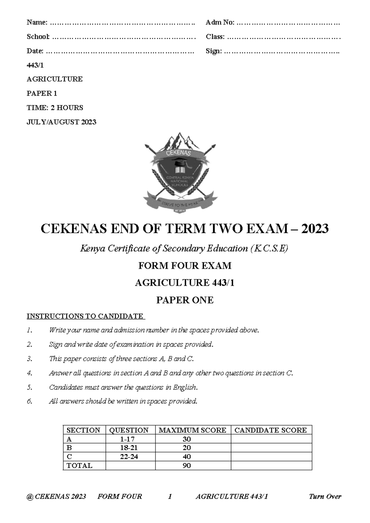 K.C.S.E 2023 Form Four Agriculture Paper 1 Exam Questions - Studocu