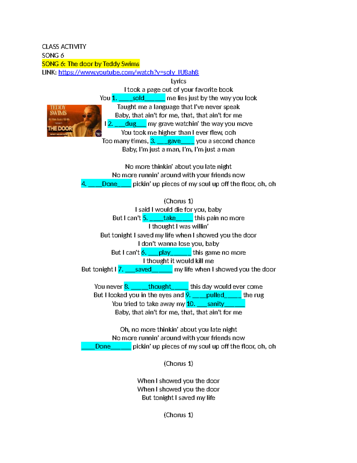 Class Activity: SONG 6 - Teddy Swims "The Door" Lyrics Analysis - Studocu