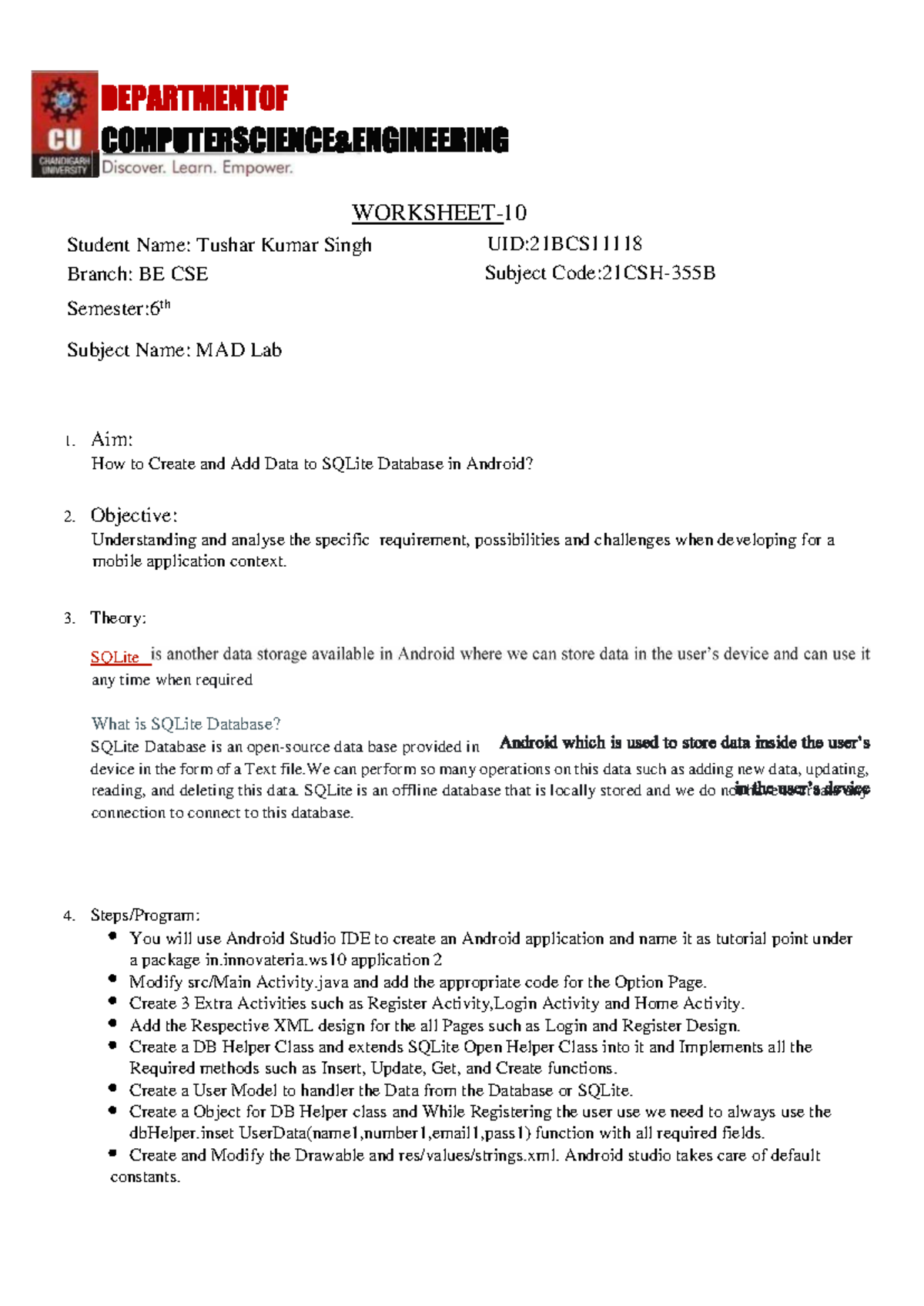 21BCS11118 MAD Lab 6: SQLite Database in Android Development - Studocu