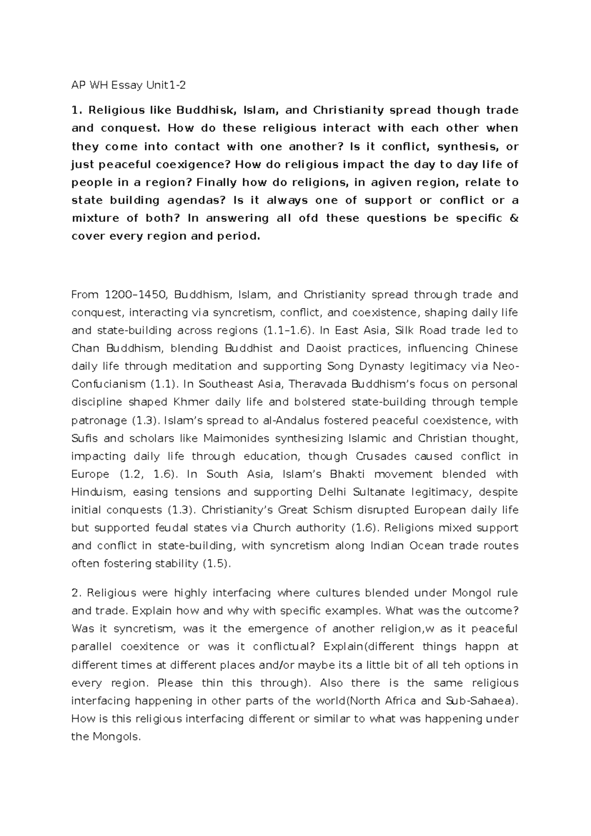 AP WH Essay Unit1-2 - review for ap - AP WH Essay Unit1- Religious like ...
