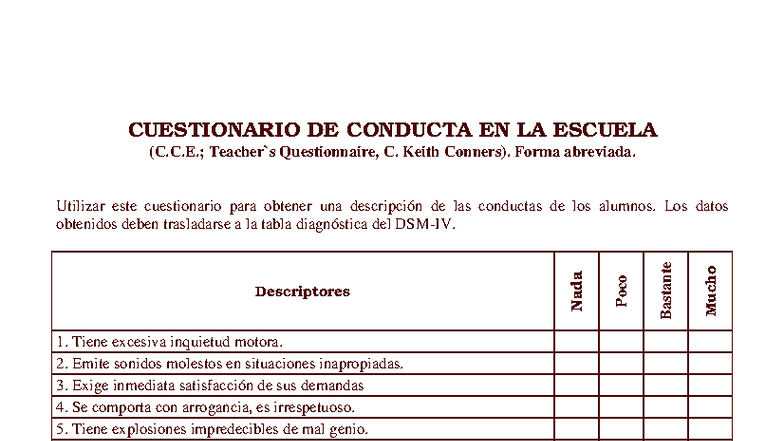 CUESTIONARIO DE CONDUCTA ESCOLAR - C. Keith Conners - Studocu