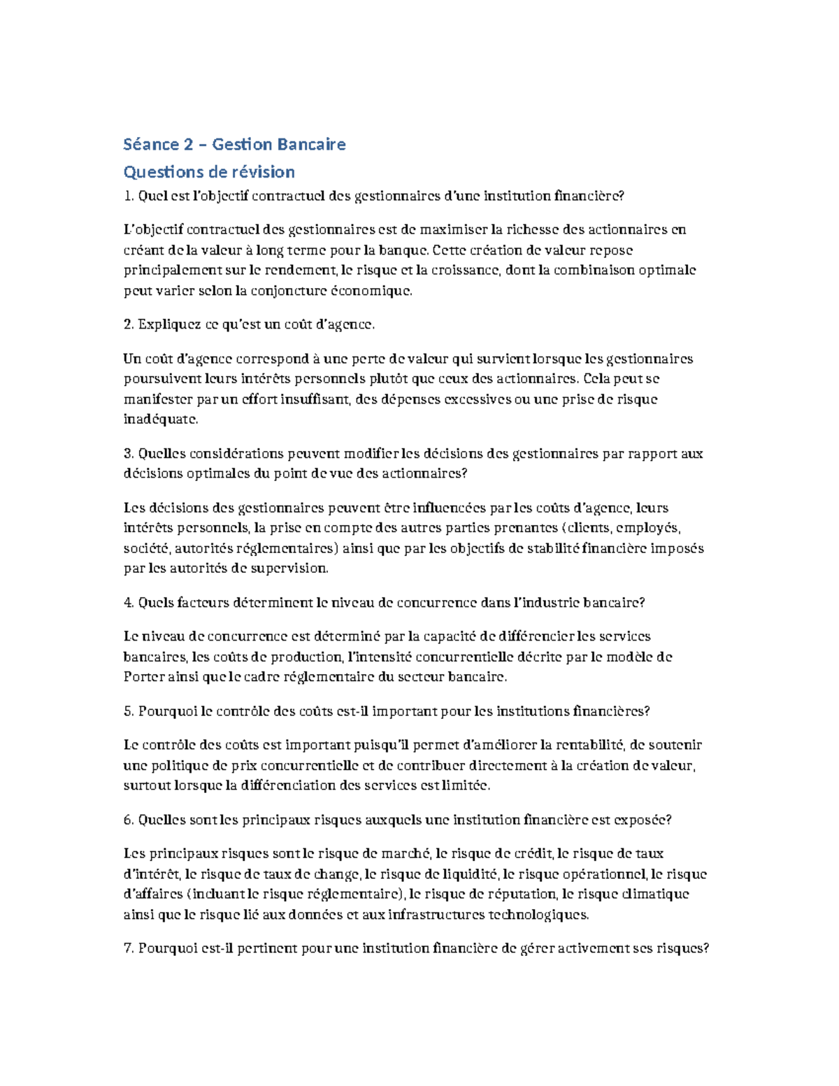 Séance 2 Gestion Bancaire: Questions et Réponses de Révision - Studocu