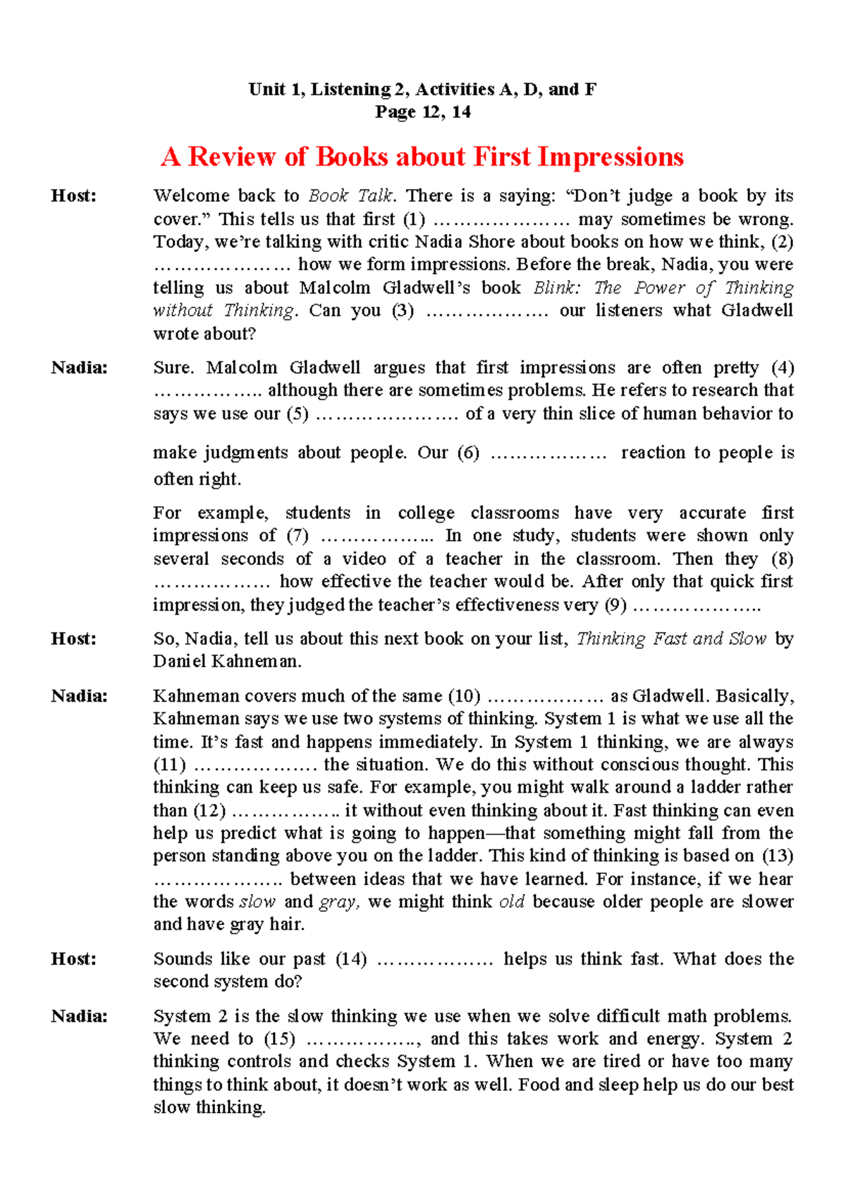 Lesson 2 gap -filling- (3) - Unit 1, Listening 2, Activities A, D, and ...