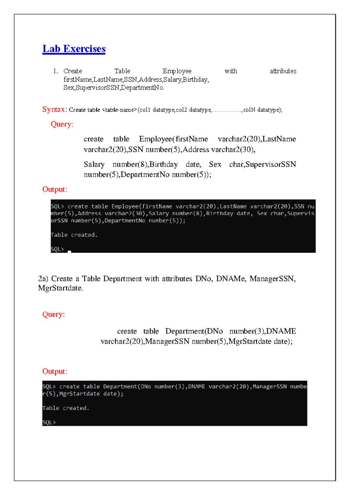 SQL-Lab Exercises: Creating and Managing Tables and Queries - Studocu