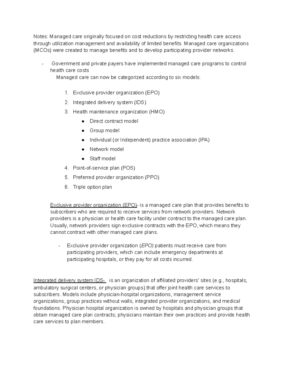 Managed Care Models Overview: Key Notes and Definitions - Studocu