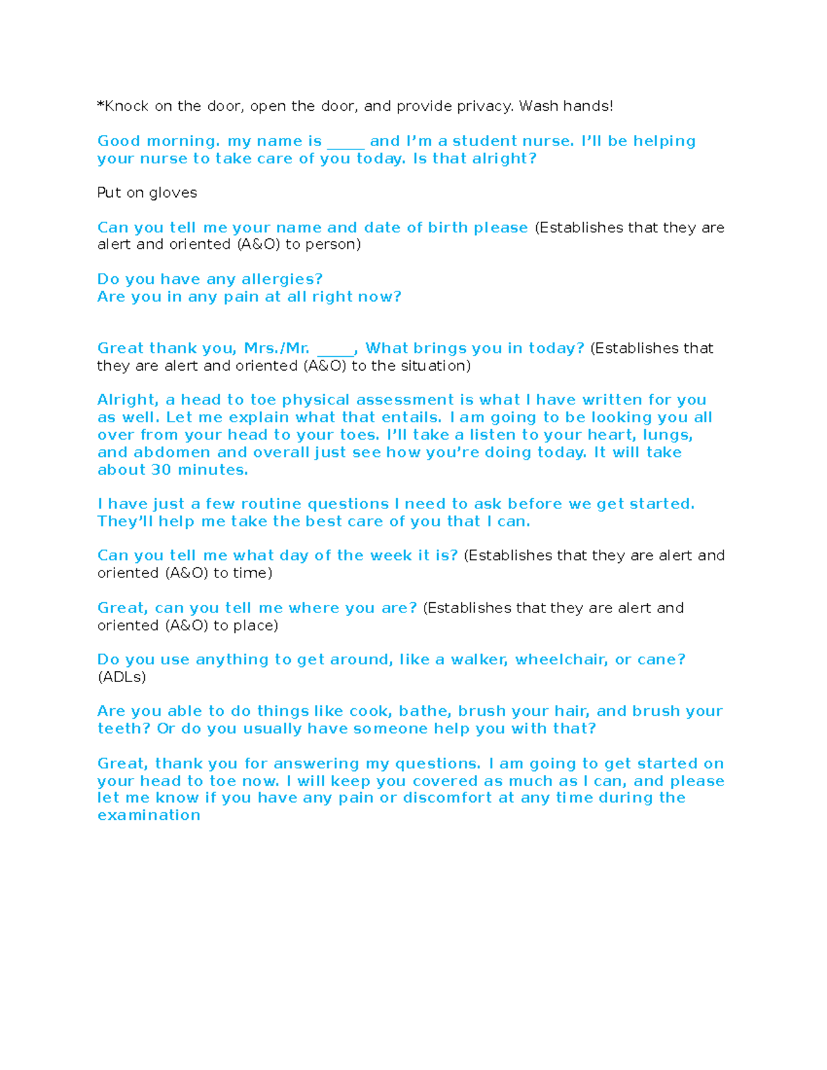 CPE H2T - Comprehensive Head to Toe Assessment Script - Studocu