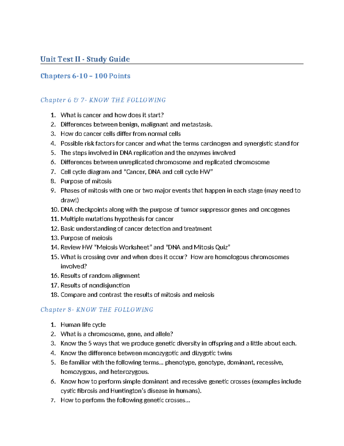 Unit Test II Study Guide: Chapters 6-10 - Cancer, Genetics & Cell ...