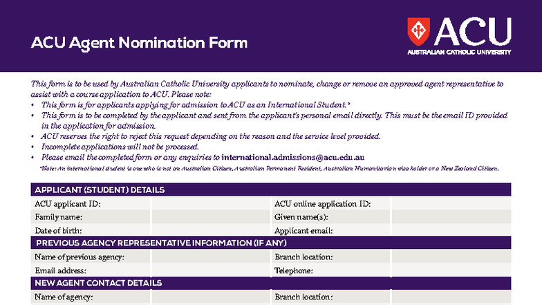 ACU Agent Nomination Form for International Applicants - Studocu